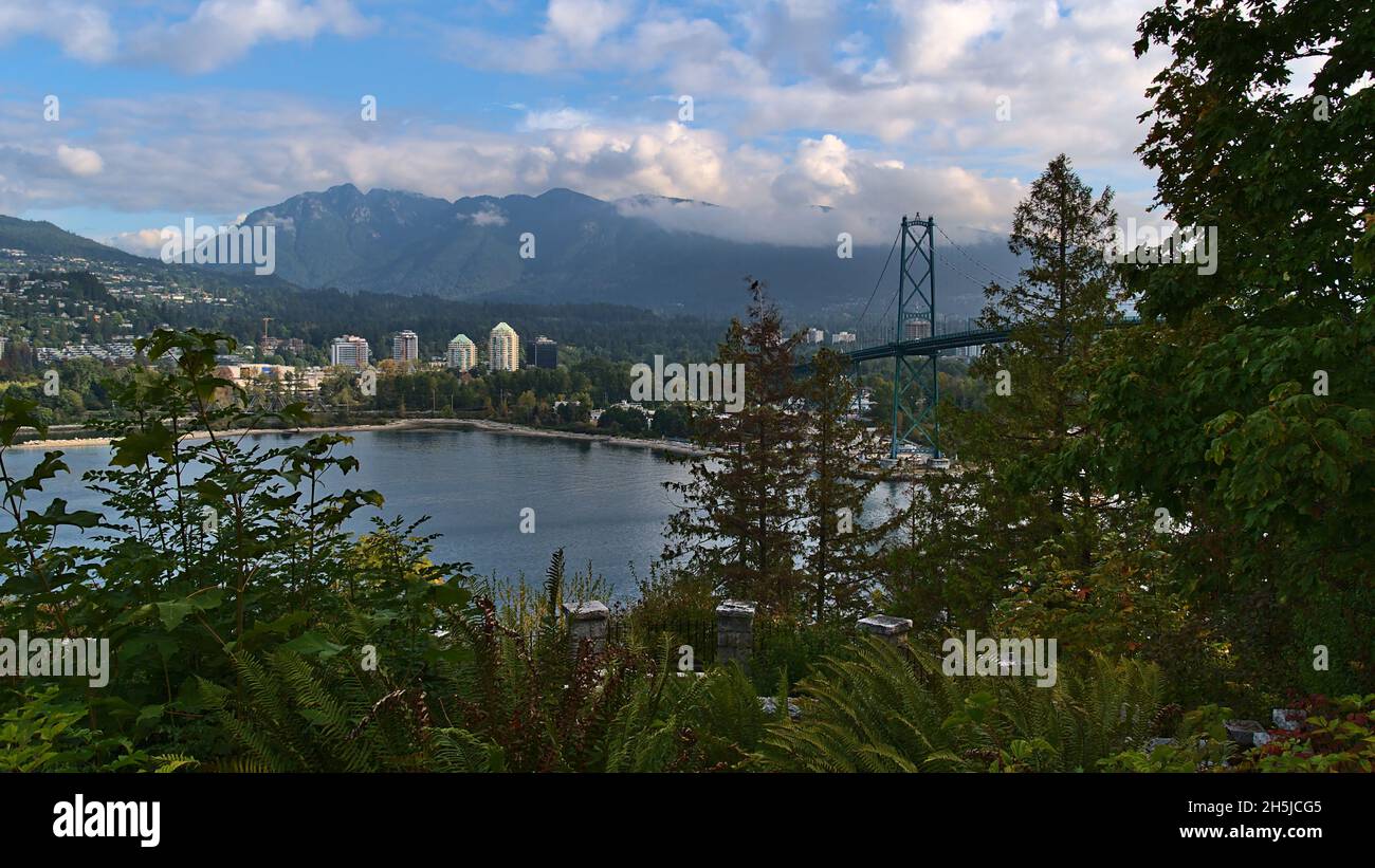 Beautiful view of Lions Gate Bridge, spanning Burrard Inlet, viewed ...