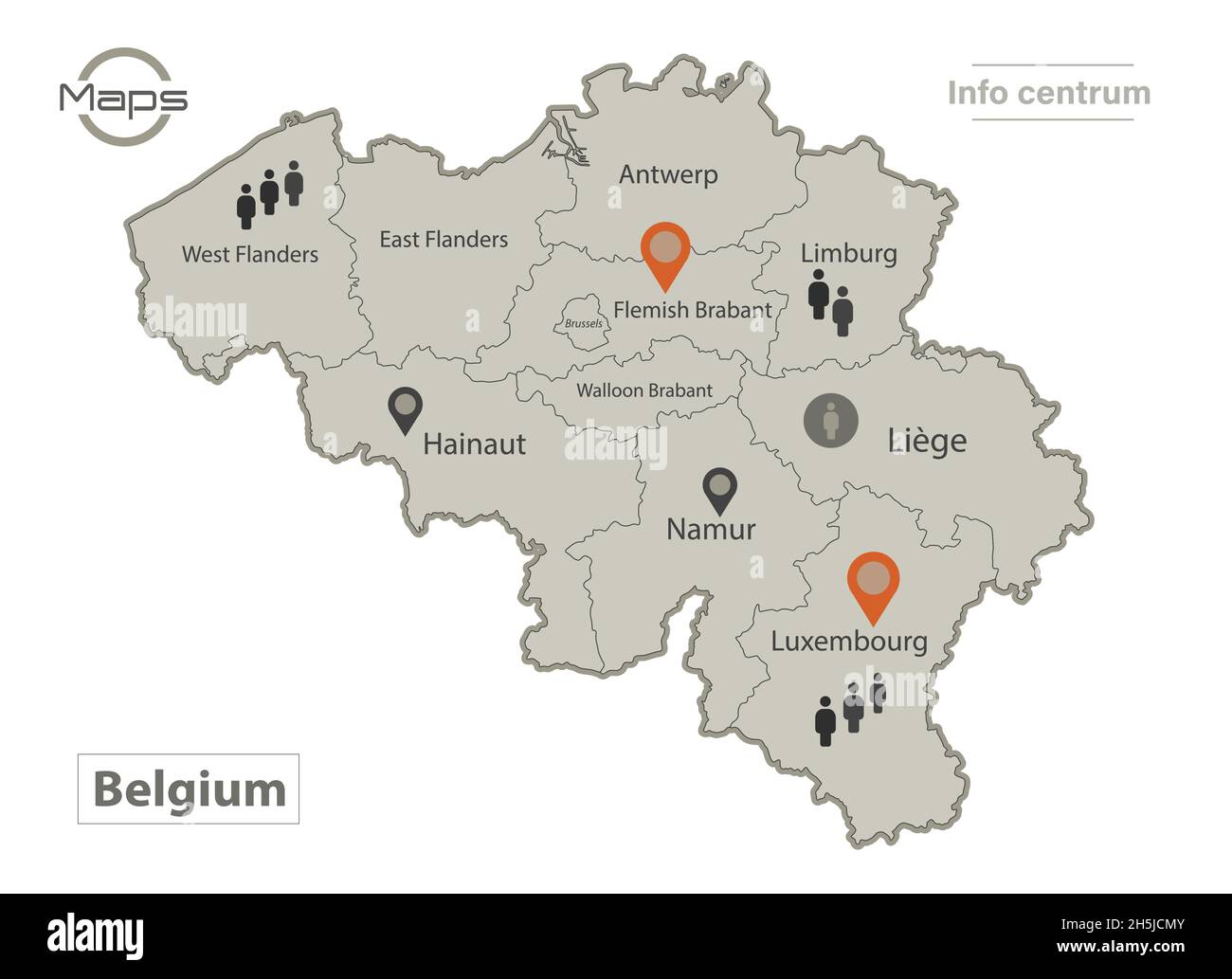 Belgium map, individual regions with names, Infographics and icons ...