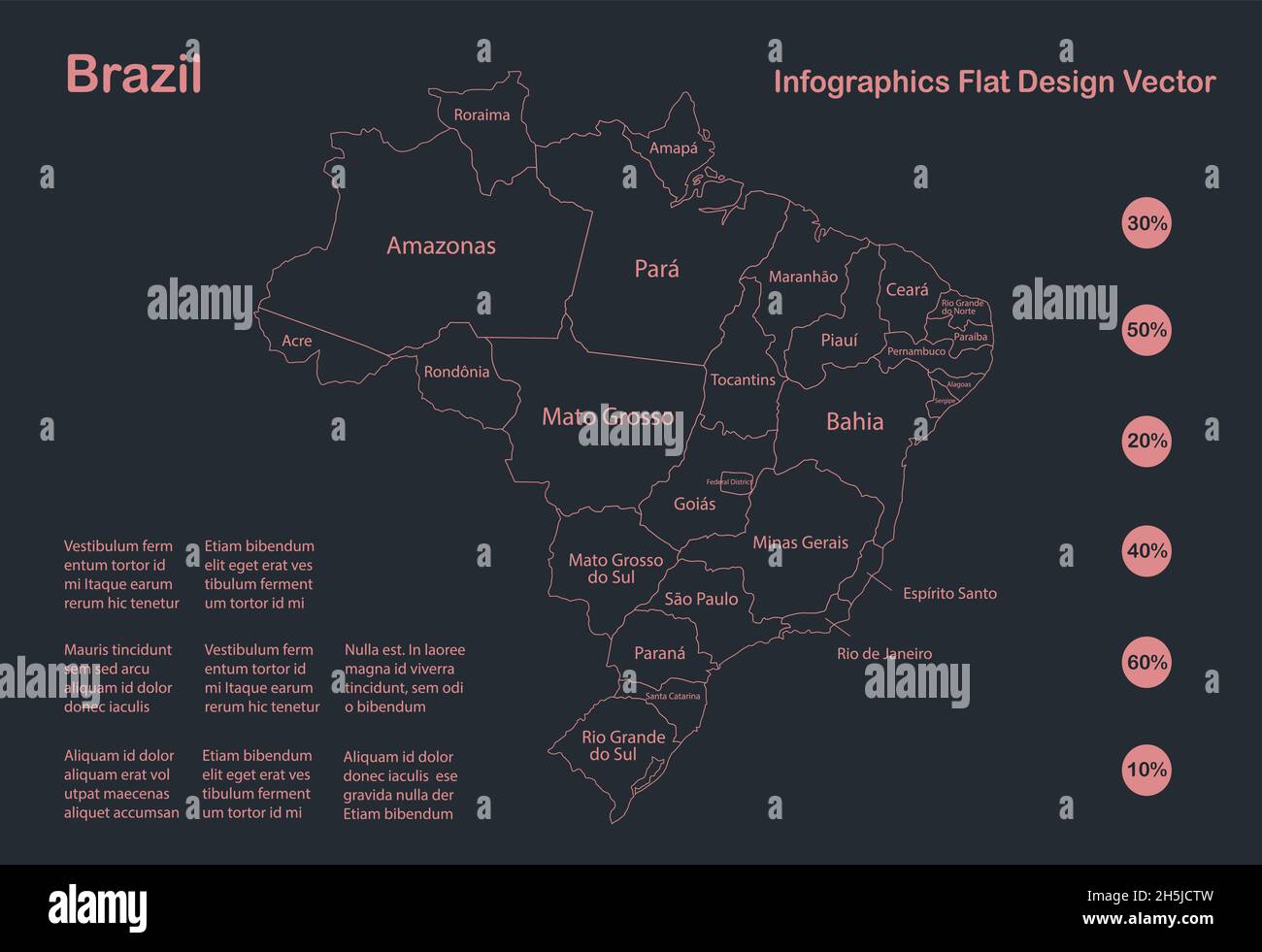 Infographics Brazil map outline, flat design, color blue orange vector ...