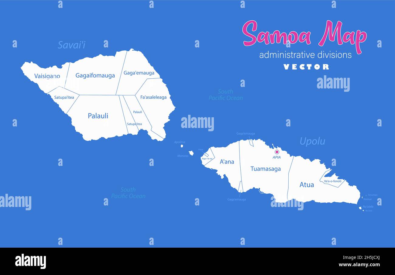 Samoa map, administrative divisions whit names regions, blue background ...
