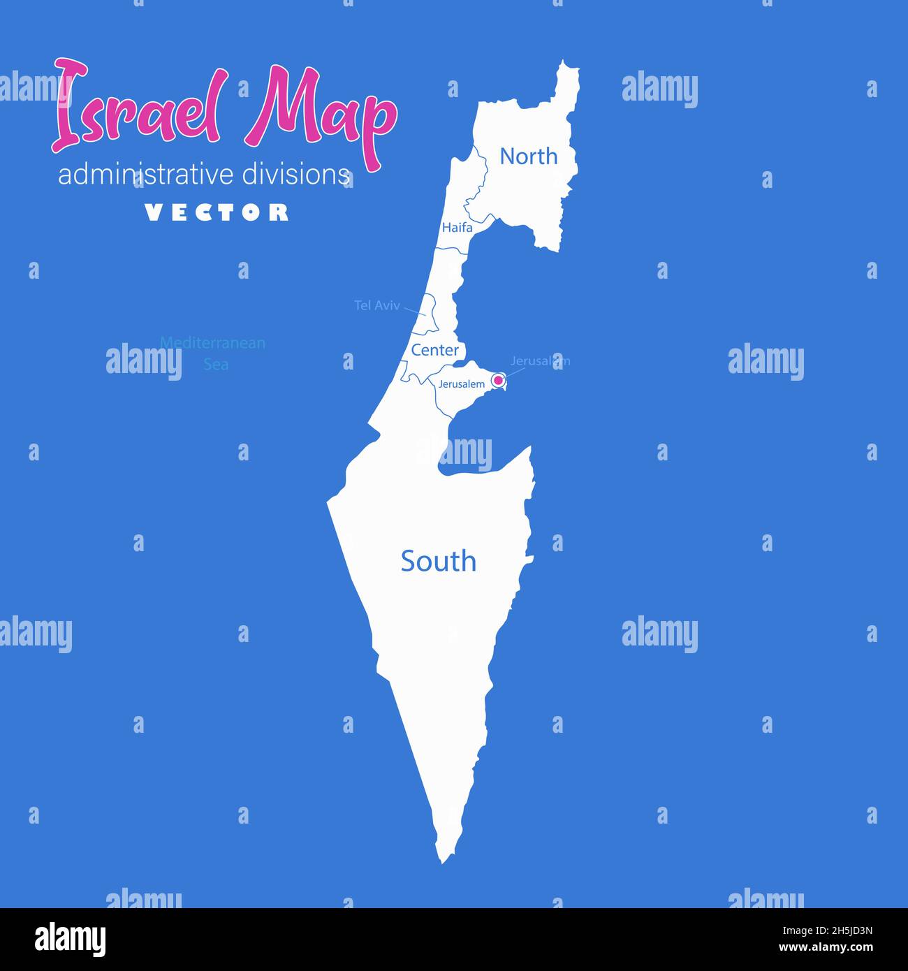 Israel map, administrative divisions whit names regions, blue ...