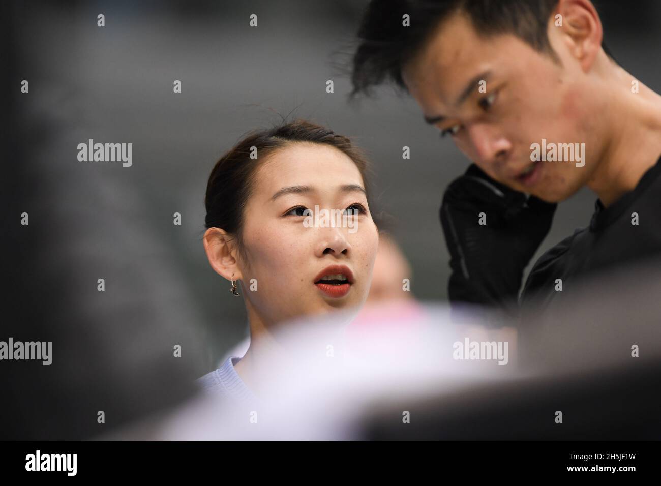 Cheng PENG & Yang JIN, China, during practice, at the ISU Grand Prix of ...