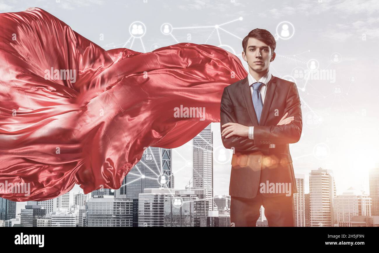 Concept of power and sucess with businessman superhero in big city ...