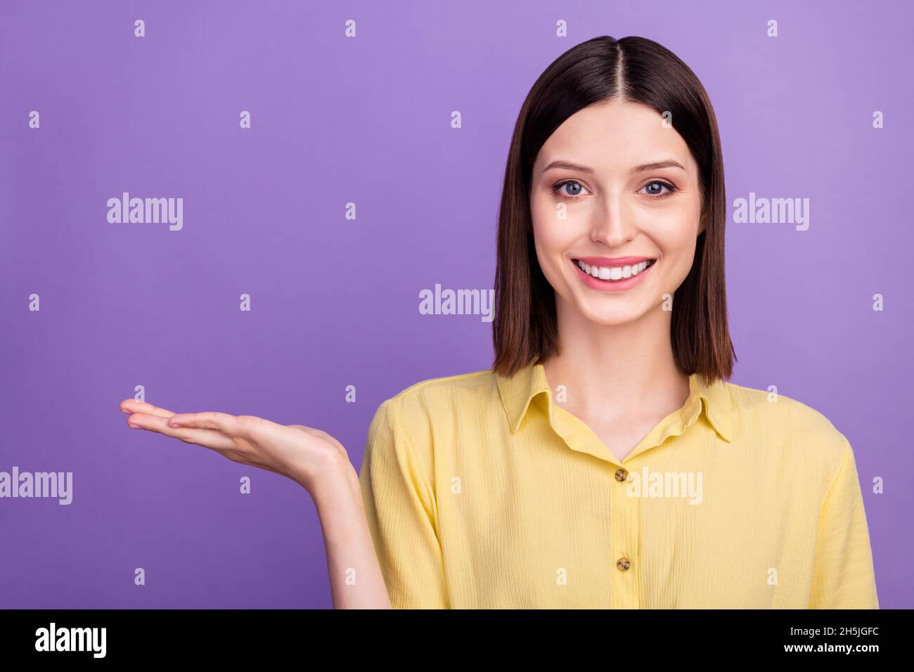 Photo of young pretty woman promoter ads recommend product demonstrate ...