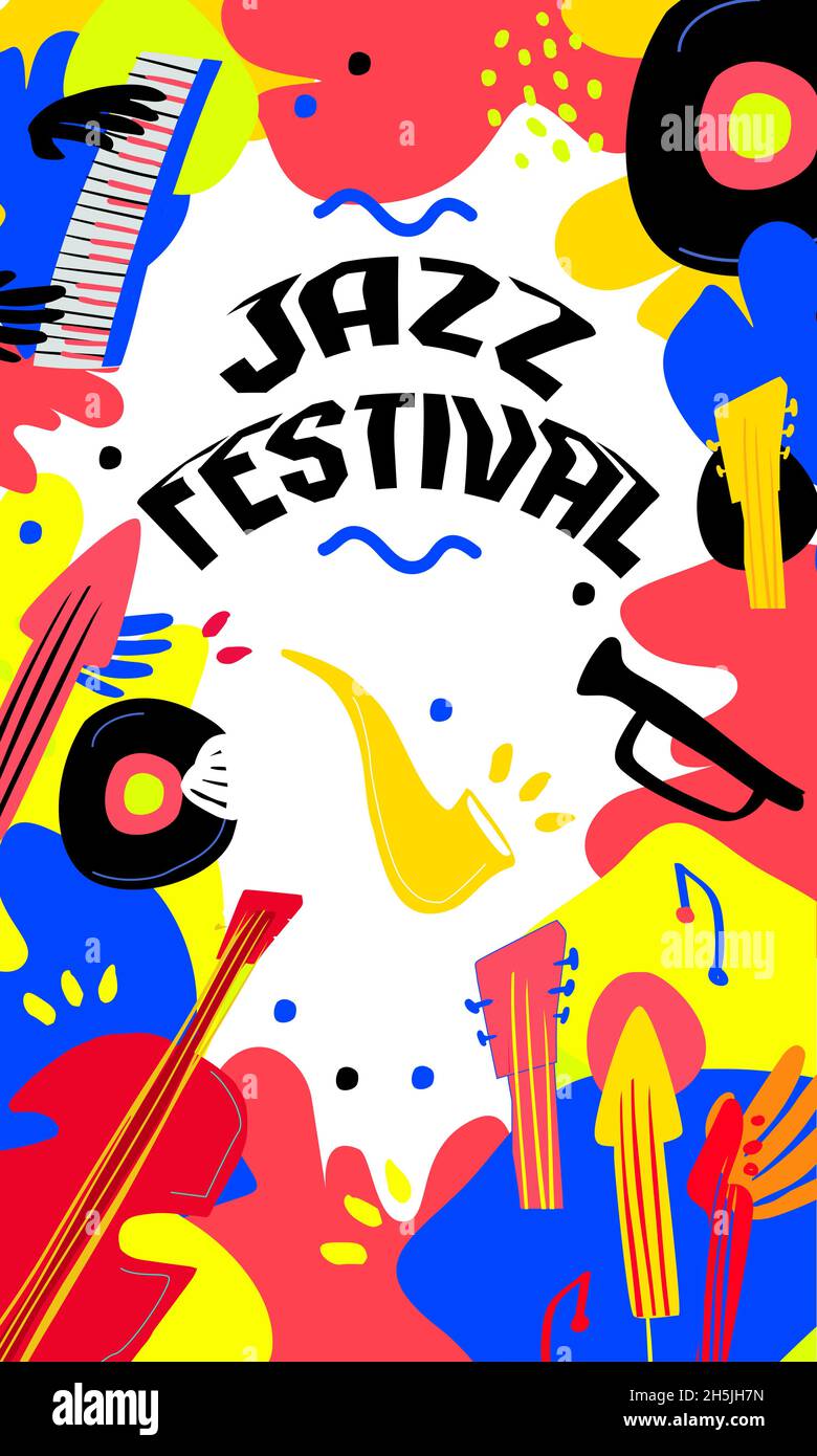 Jazz Festival, music event and fair banner design with vintage colors. Crazy colorful poster for ...