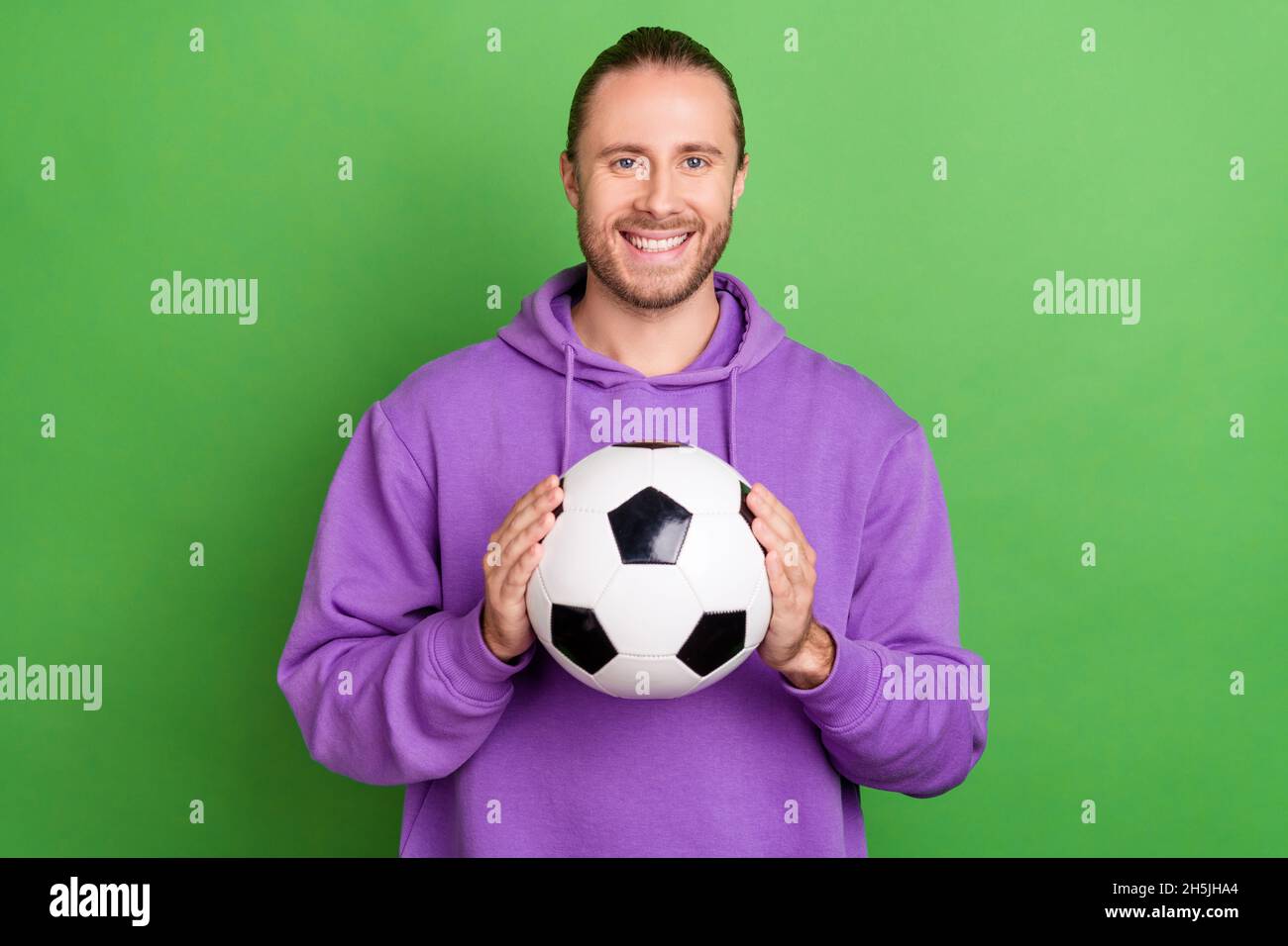 Photo of guy hold soccer ball support national team final match wear ...