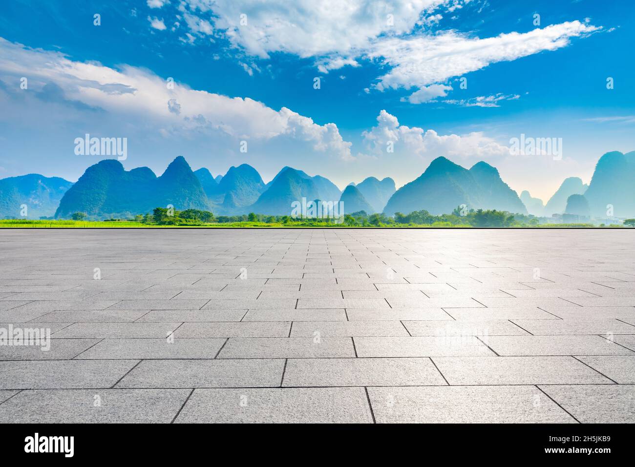 Wide square floor and green mountain natural scenery in Guilin,China ...