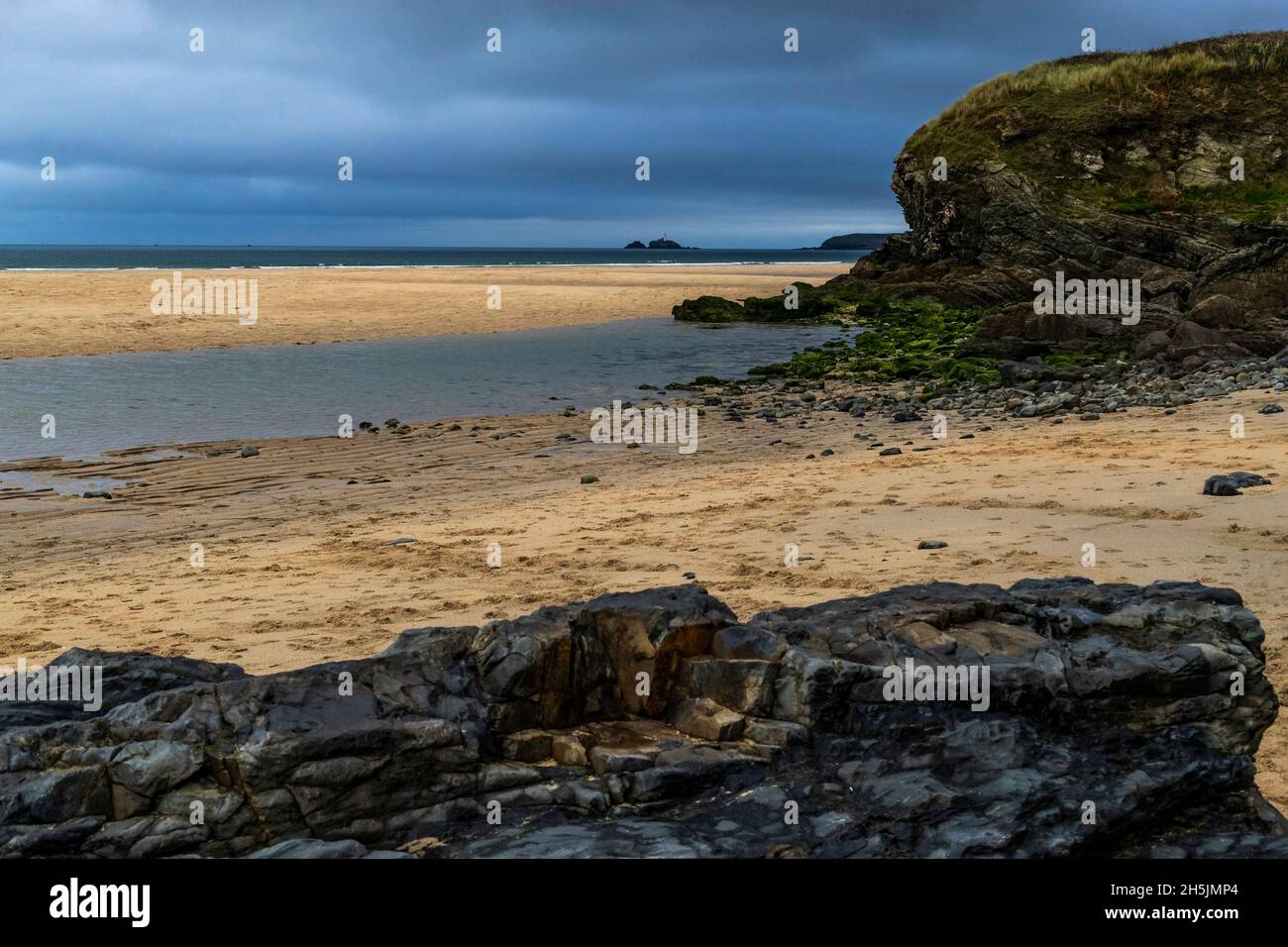 Hayle Towans beach and The Bluff. Large beach and rocks looking out to ...