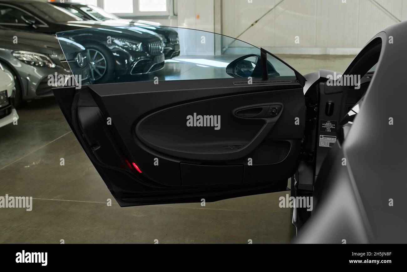 MUNICH, GERMANY - Oct 13, 2021: The details of a matte black Bugatti ...