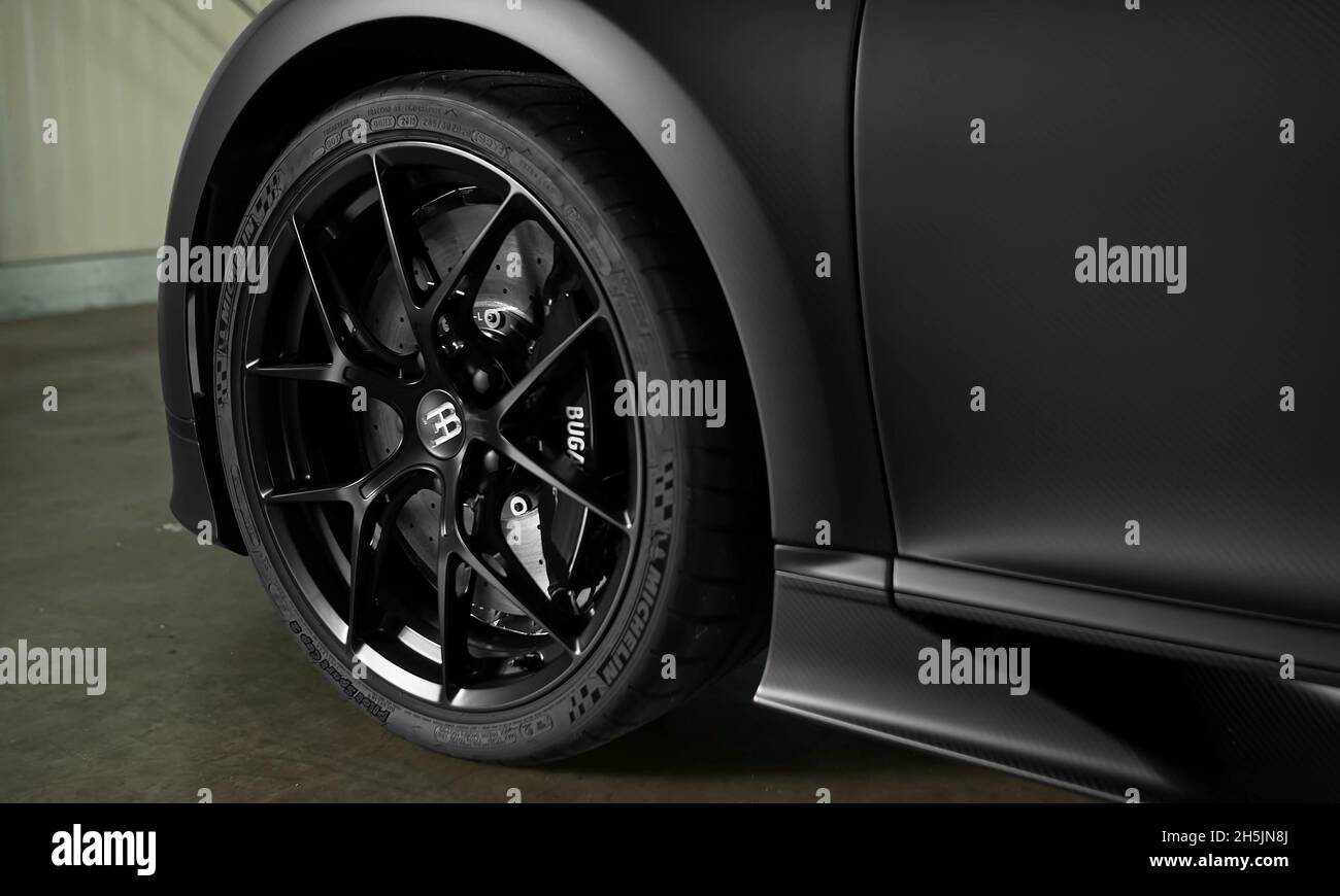 MUNICH, GERMANY - Oct 13, 2021: The details of a matte black Bugatti ...