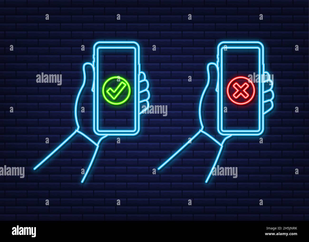 Hands holding smartphones with checkmarks set. Tick and cross check ...