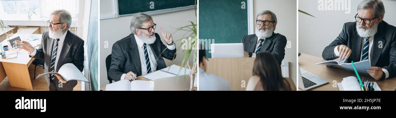 Collage of portraits of elderly gray-headed man, professor checking ...