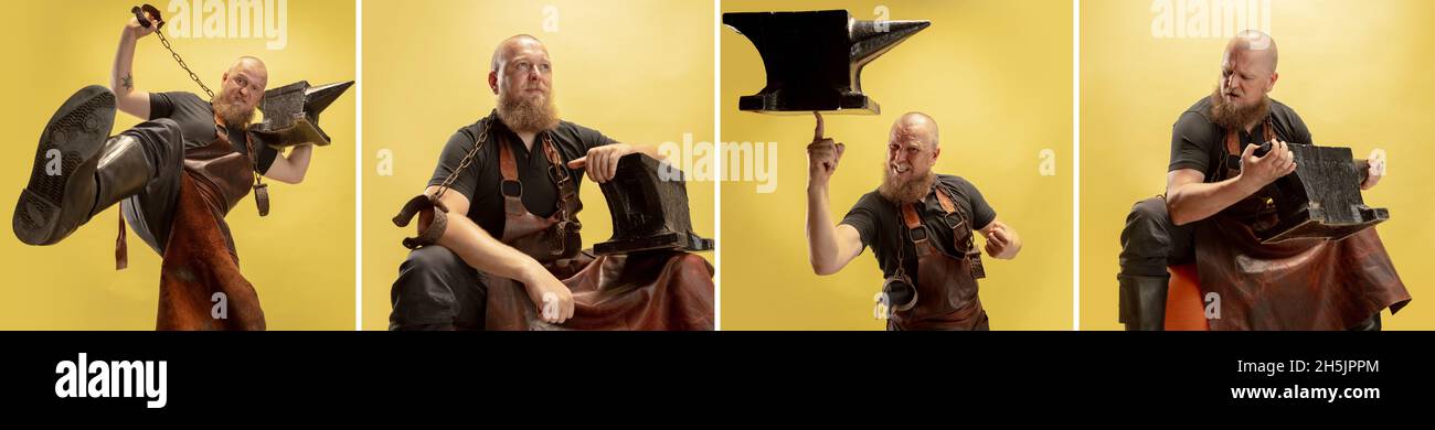 Collage of comic portraits of muscular bearded bald man, blacksmith in ...