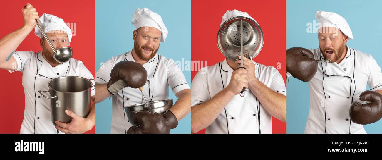Collage of portraits of young Caucasian red-bearded man, chef or cook ...