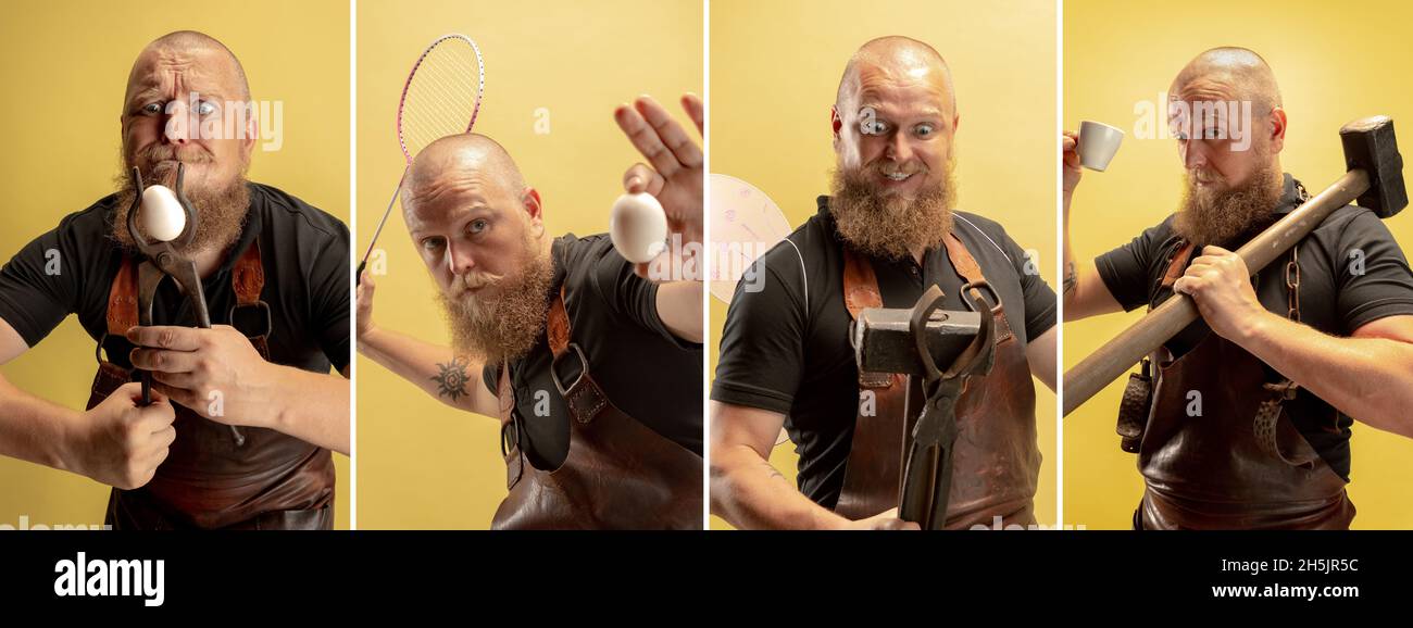 Collage of comic portraits of muscular bearded bald man, blacksmith in ...
