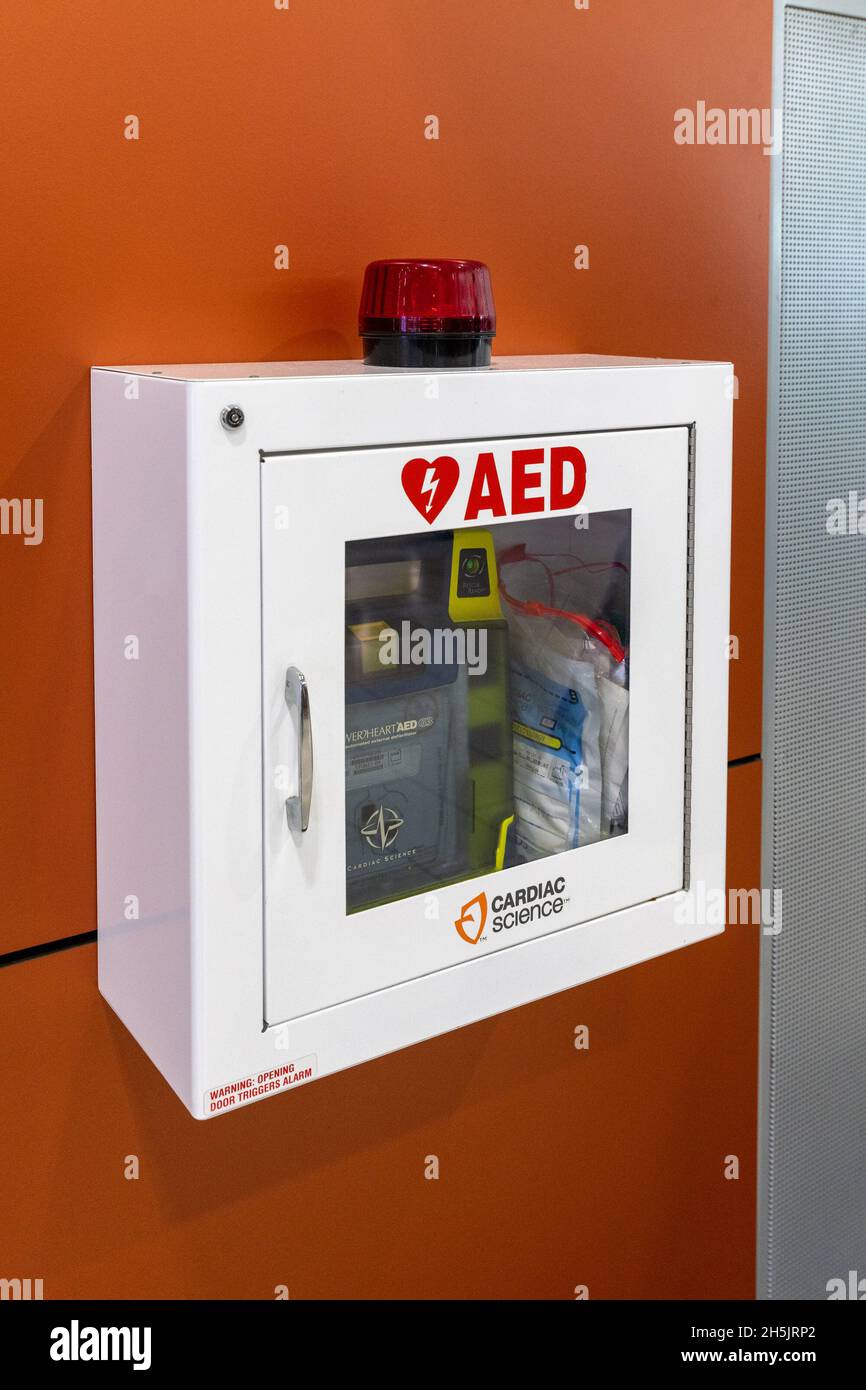 Larnaca, Cyprus - Nov 12. 2019. Box of an Automated External ...