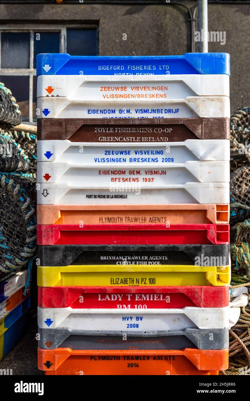 The EU/UK fishing dispute. Stacked together, fish boxes stamped in ...