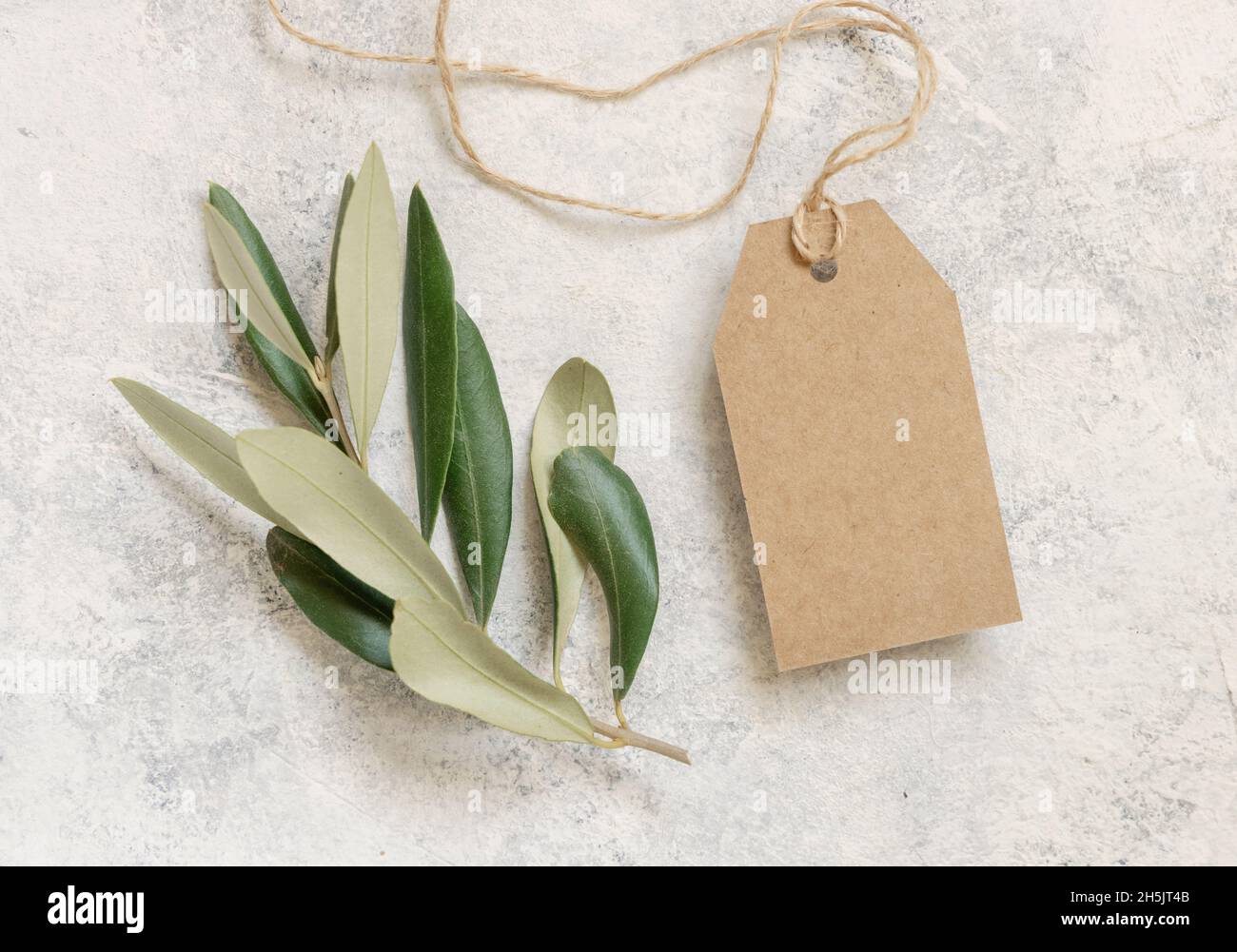 Kraft paper gift tag on a white marble table with olive branches top ...