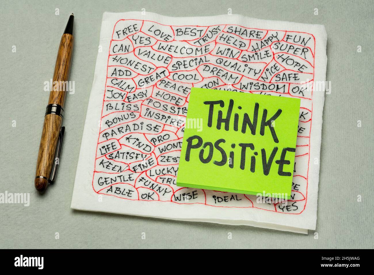 think positive - reminder note against a napkin with a cloud of ...