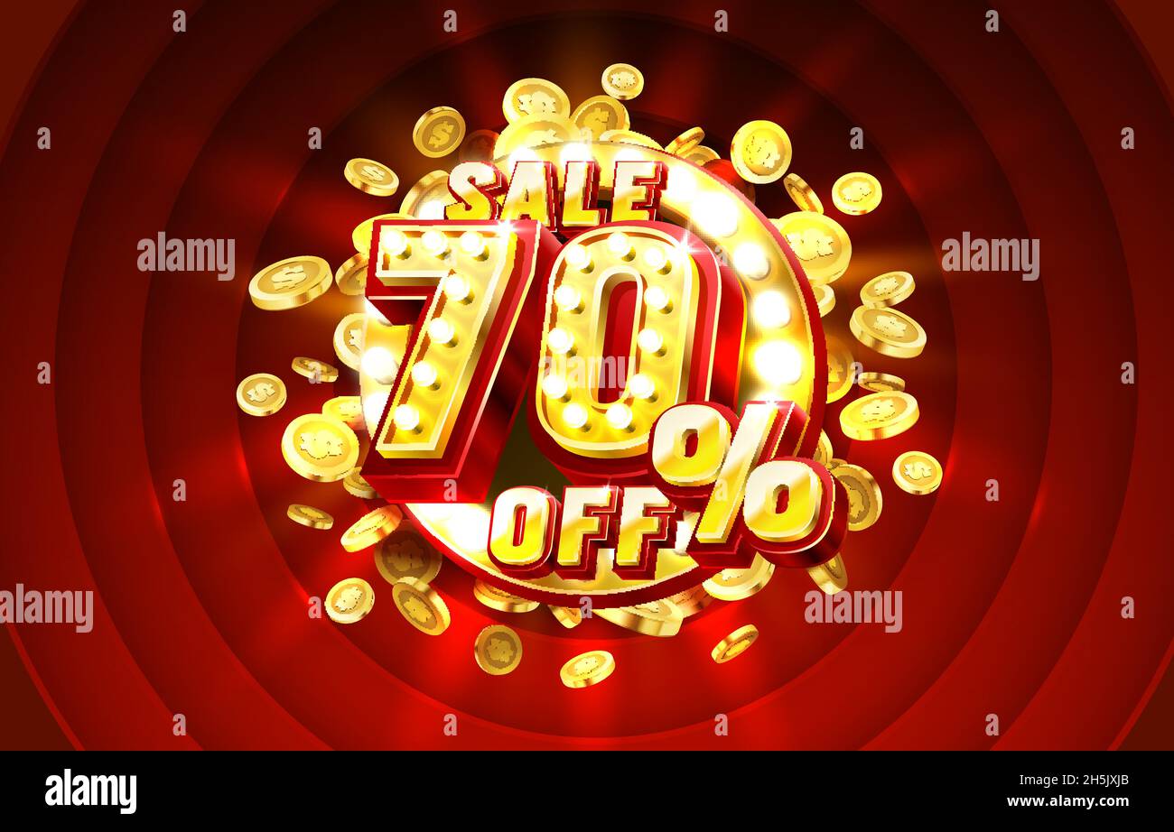 Scene golden 70 sale off text banner. Night Sign. Vector illustration ...