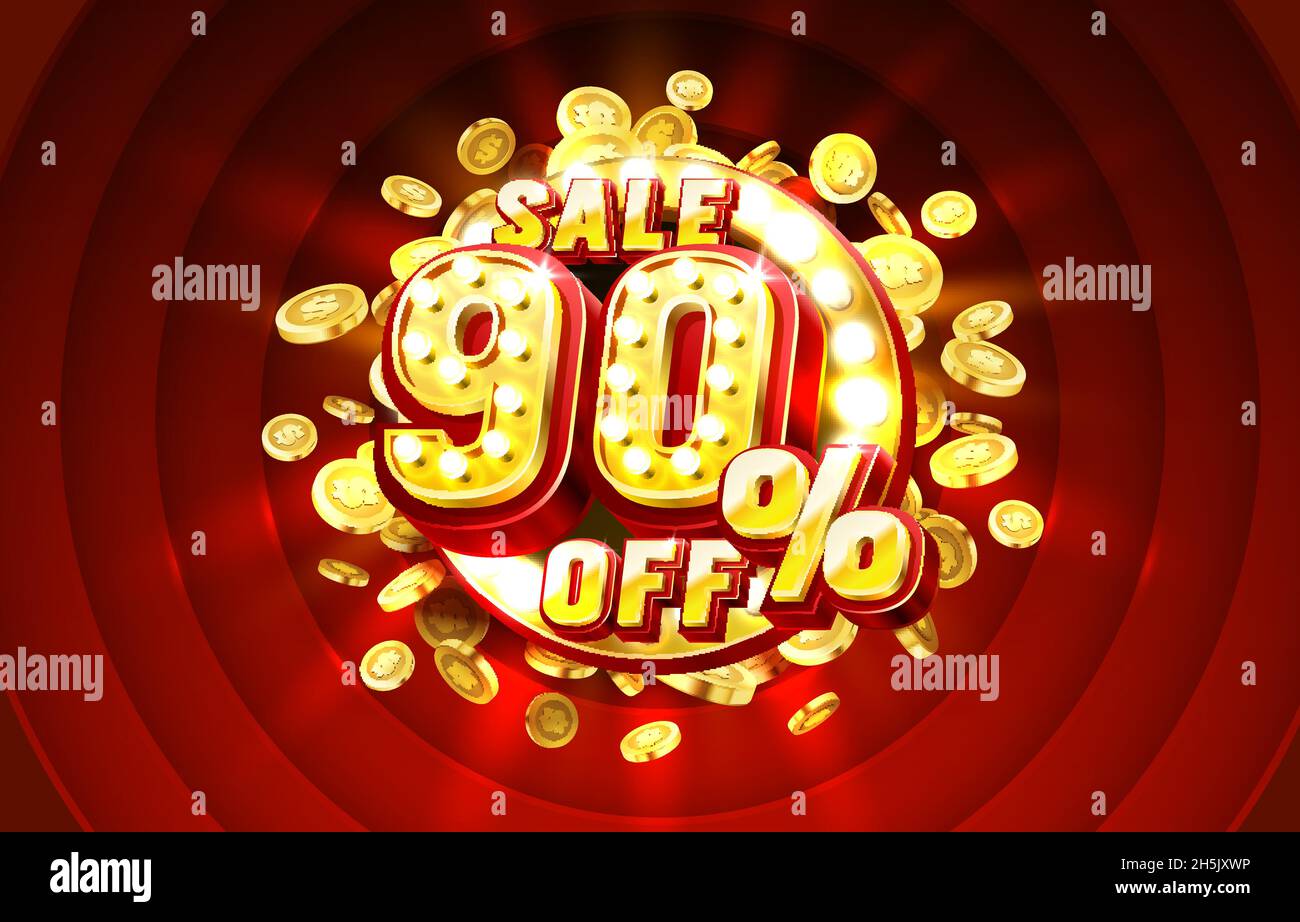 Scene golden 90 sale off text banner. Night Sign. Vector illustration ...
