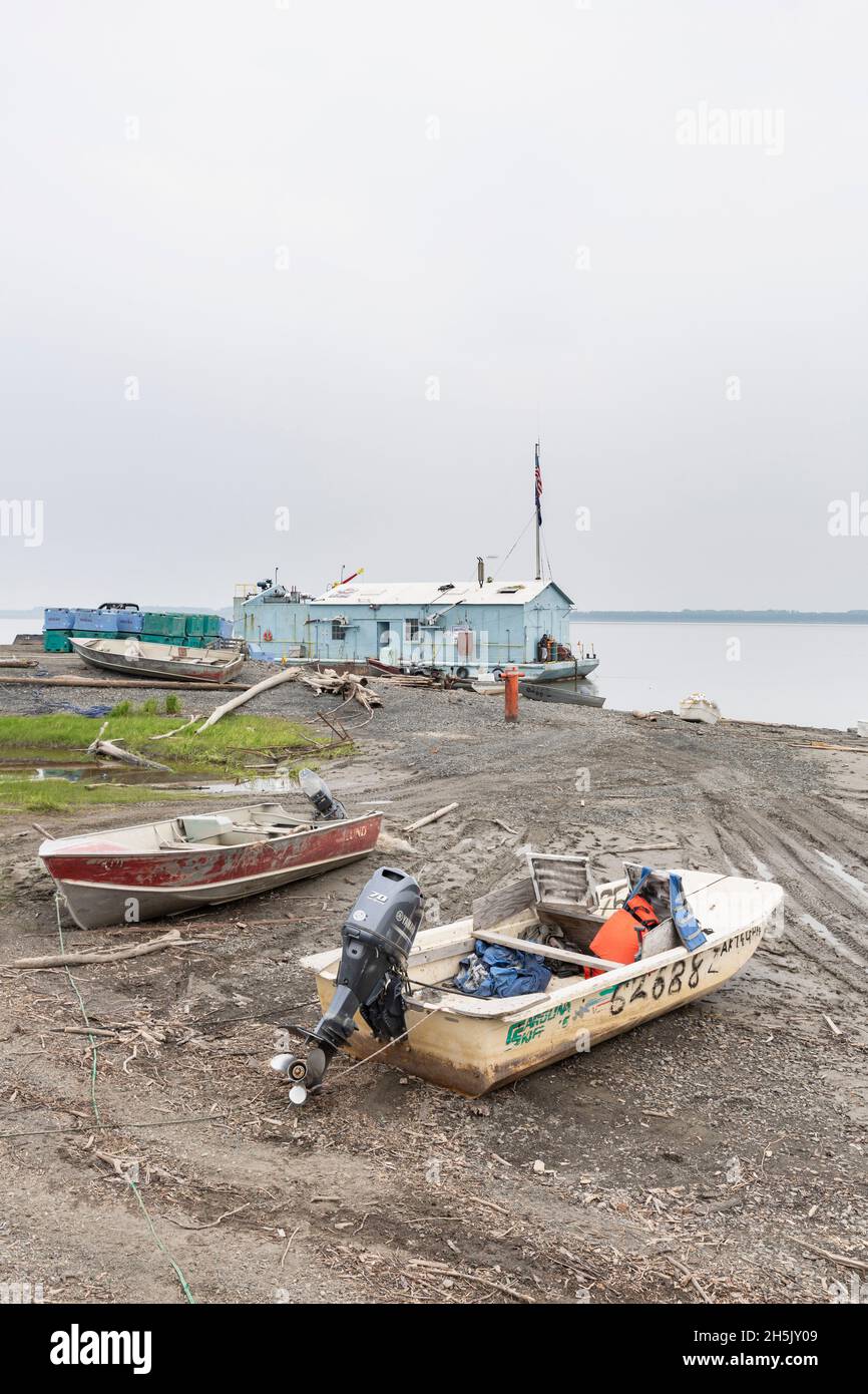 Yukon River fishing boats on the beach in front of Kwik Pak Fisheries ...