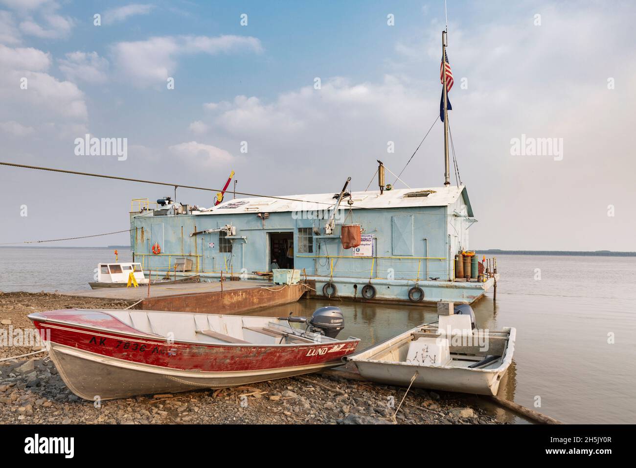 Yukon River fishing boats on the beach in front of Kwik Pak Fisheries ...