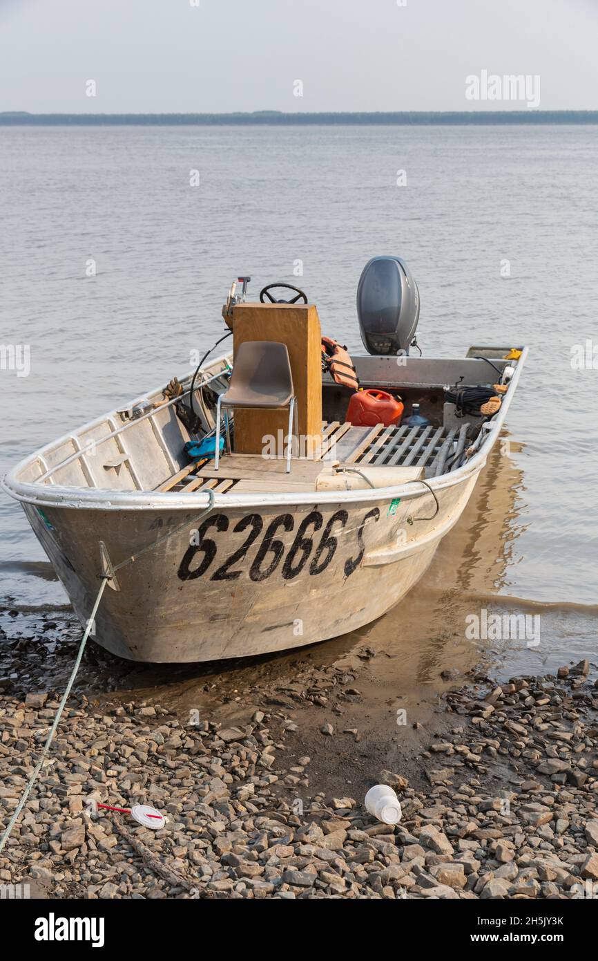 Lower Yukon River fishing boat rests on the beach in Mountain Village ...