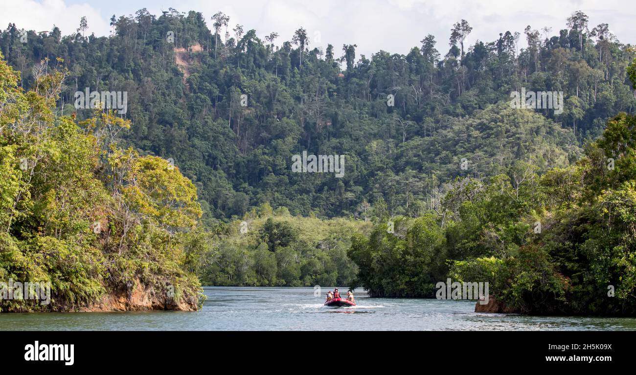 Tourist on expedition in zodiac RIB in Mou Lagoon, Morobe Province ...