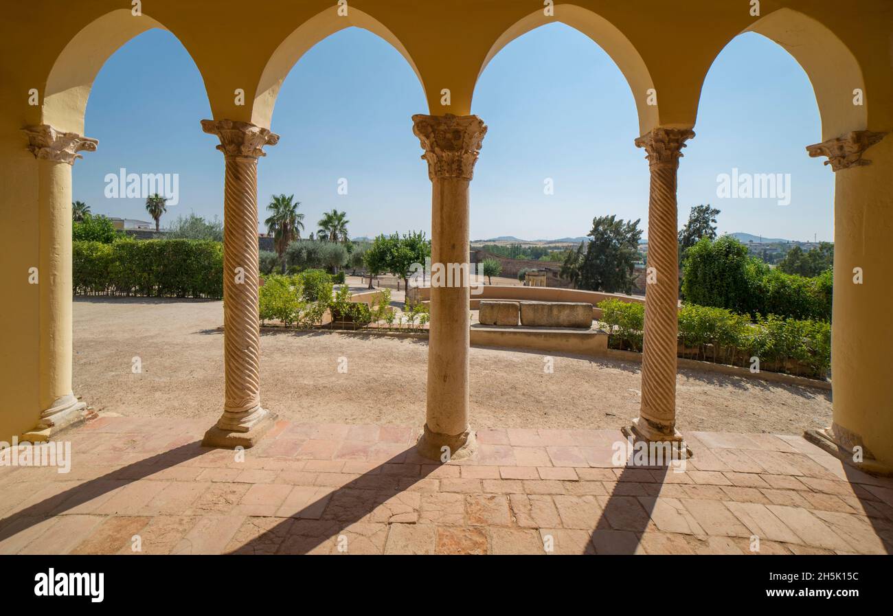 Alcazaba of Merida, arabic citadel complex. Neo-gothic portico ...