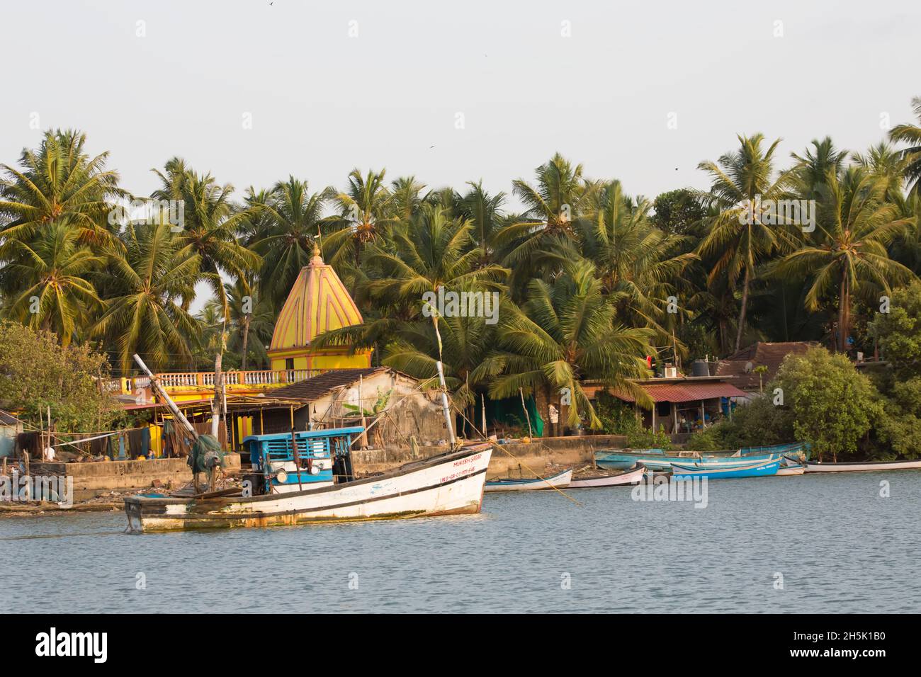 Inland river with fishing boat and Hindu temple in palm grove Goa ...
