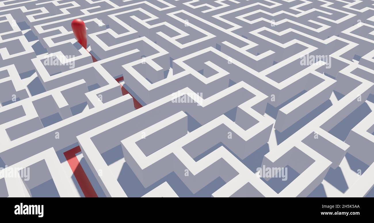 White maze with a red line passing through it 3d illustration Stock ...