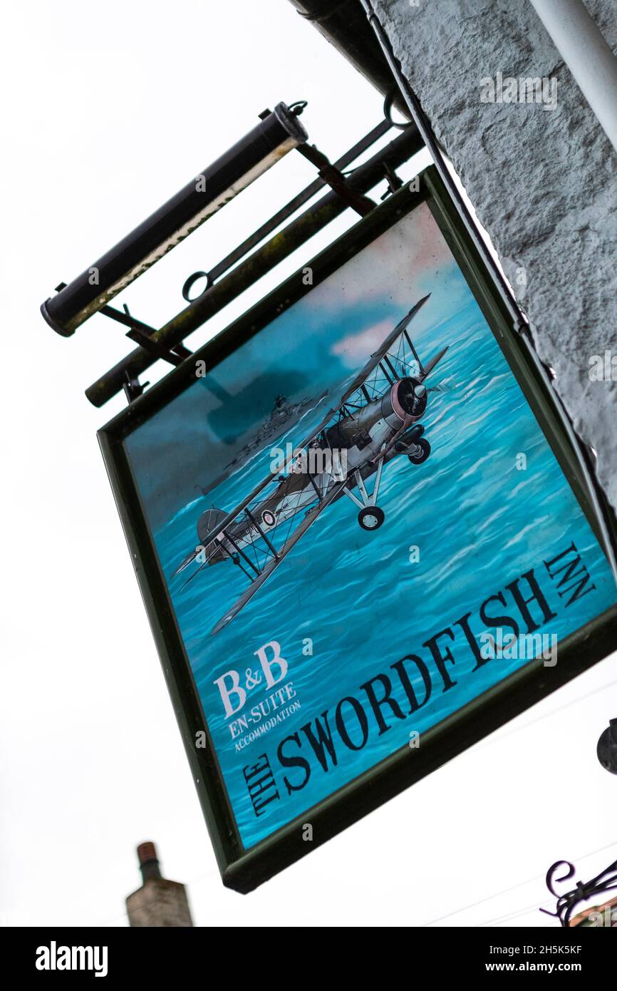 Pub sign of The Swordfish Inn, Newlyn, Cornwall. A 16th century local ...