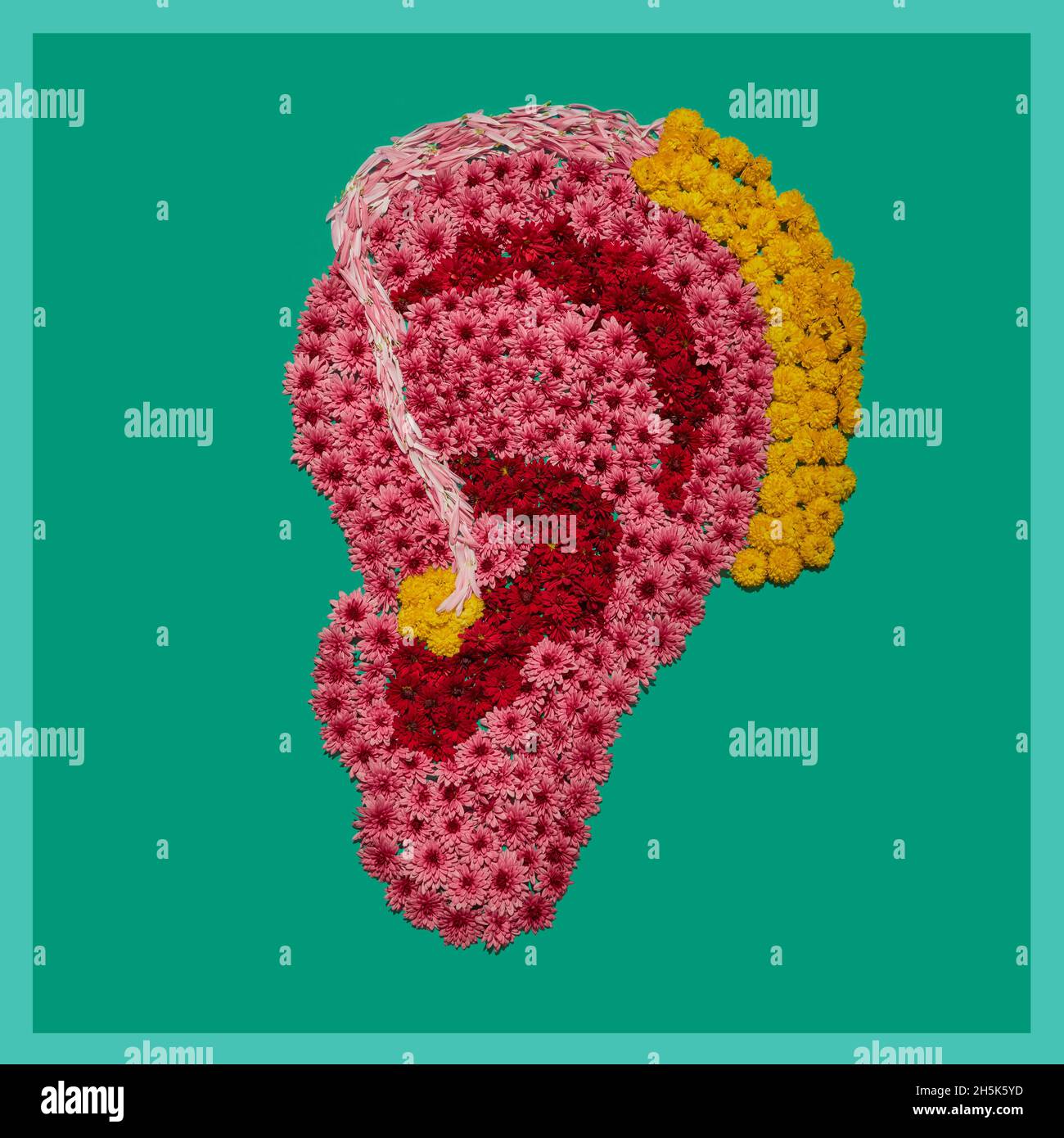 Illustration of human ear with hearing aid made of natural flowers on ...