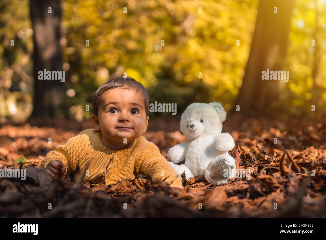 Cute six-month-old baby with a white teddy bear lying among fallen ...