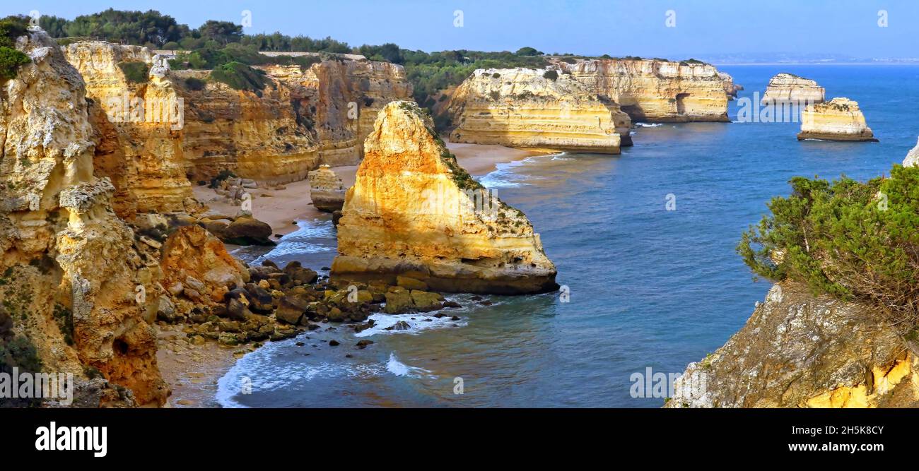 Rock formations and cliffs along the ocean coast of the Algarve ...
