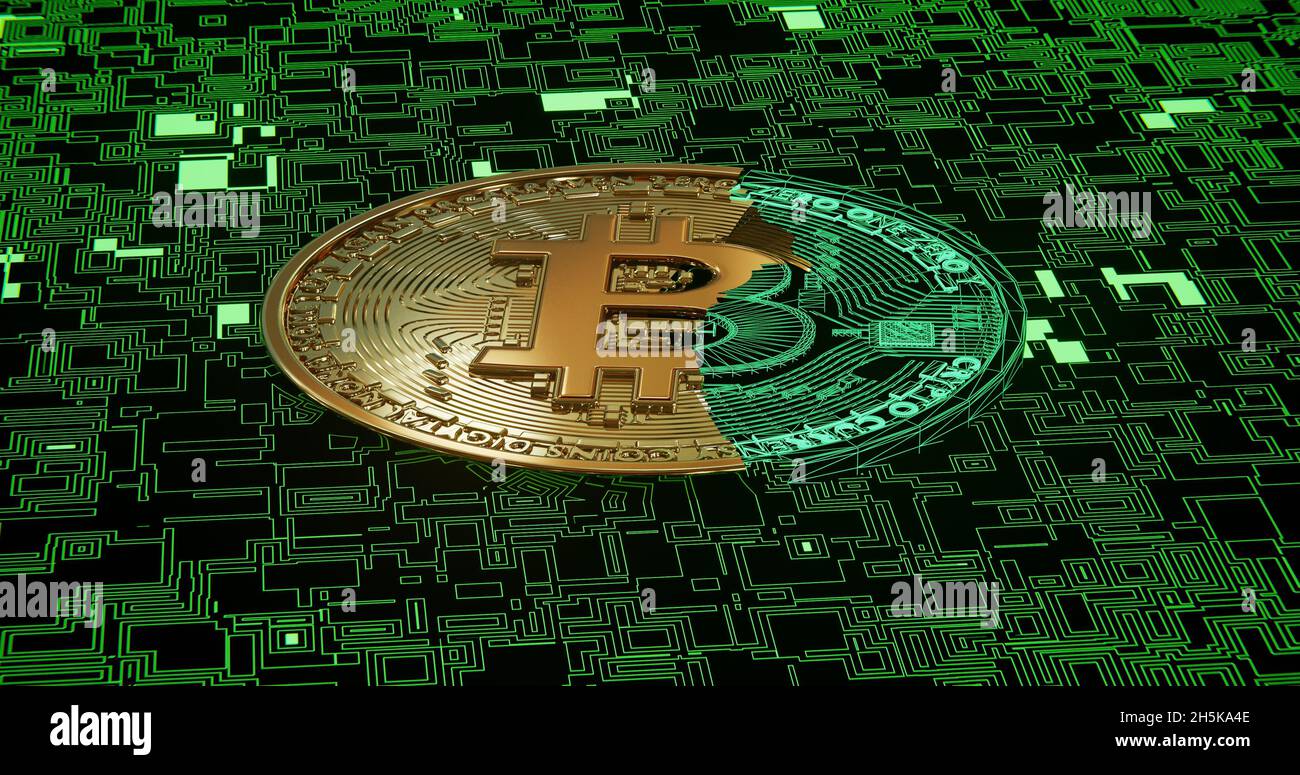 bitcoin symbol on green tech background emission 3D illustration Stock ...