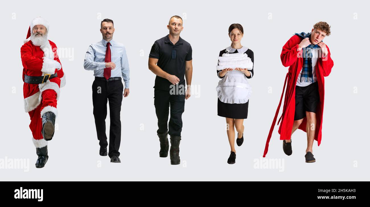 Collage of different people walking in a line isolated on white ...