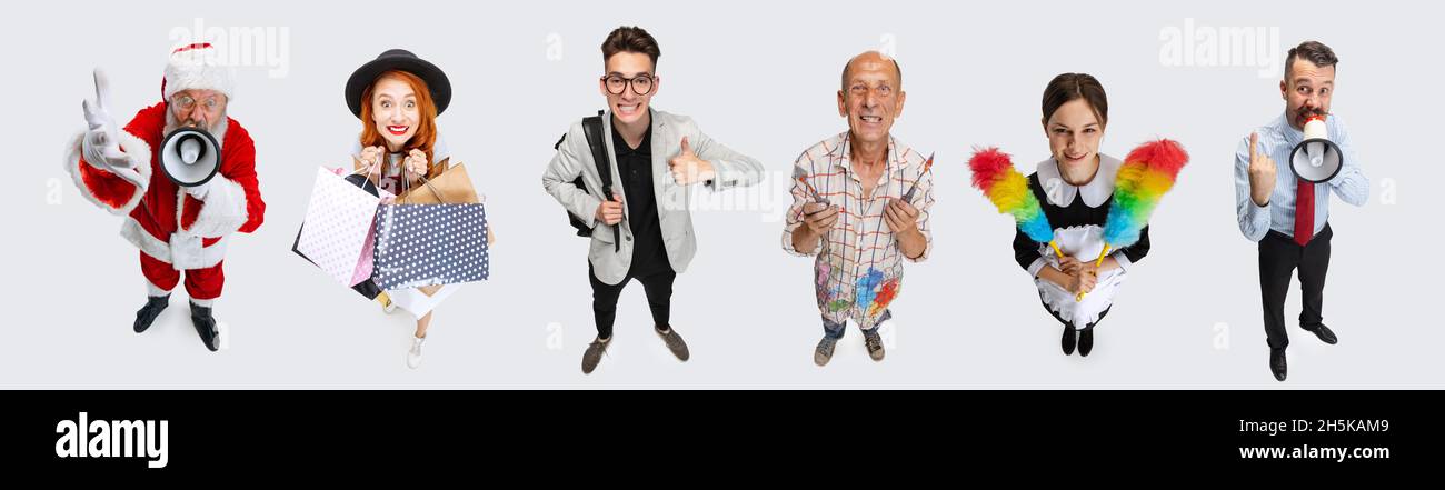 Collage of different cheerful people standing in a line isolated on ...