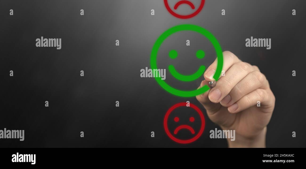 Customer review. Hand drawing happy face smile, black background ...