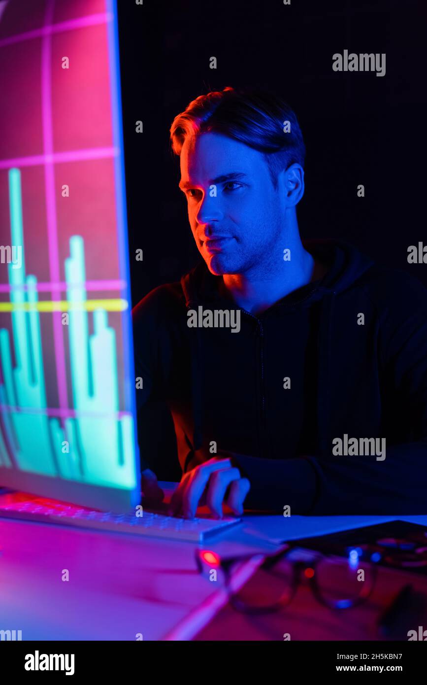 Programmer using computer with reflection of charts on monitor isolated ...