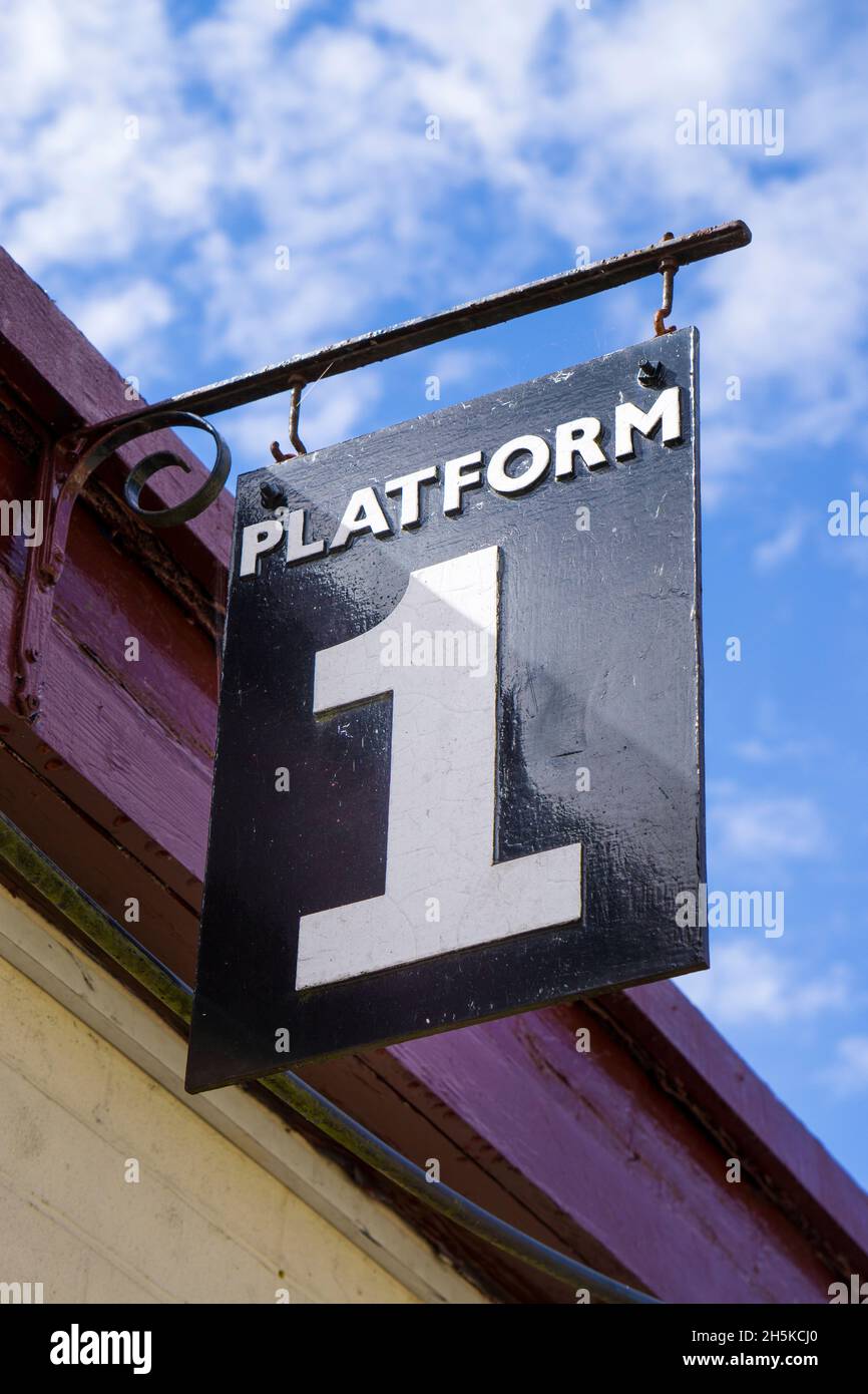 Close up of outdoor vintage railway sign for 'Platform 1' at heritage ...
