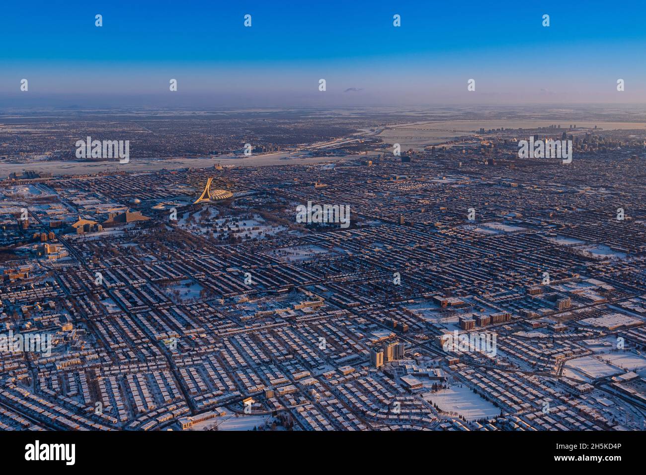 Aerial view of the cityscape of Montreal on a cold winter morning with ...