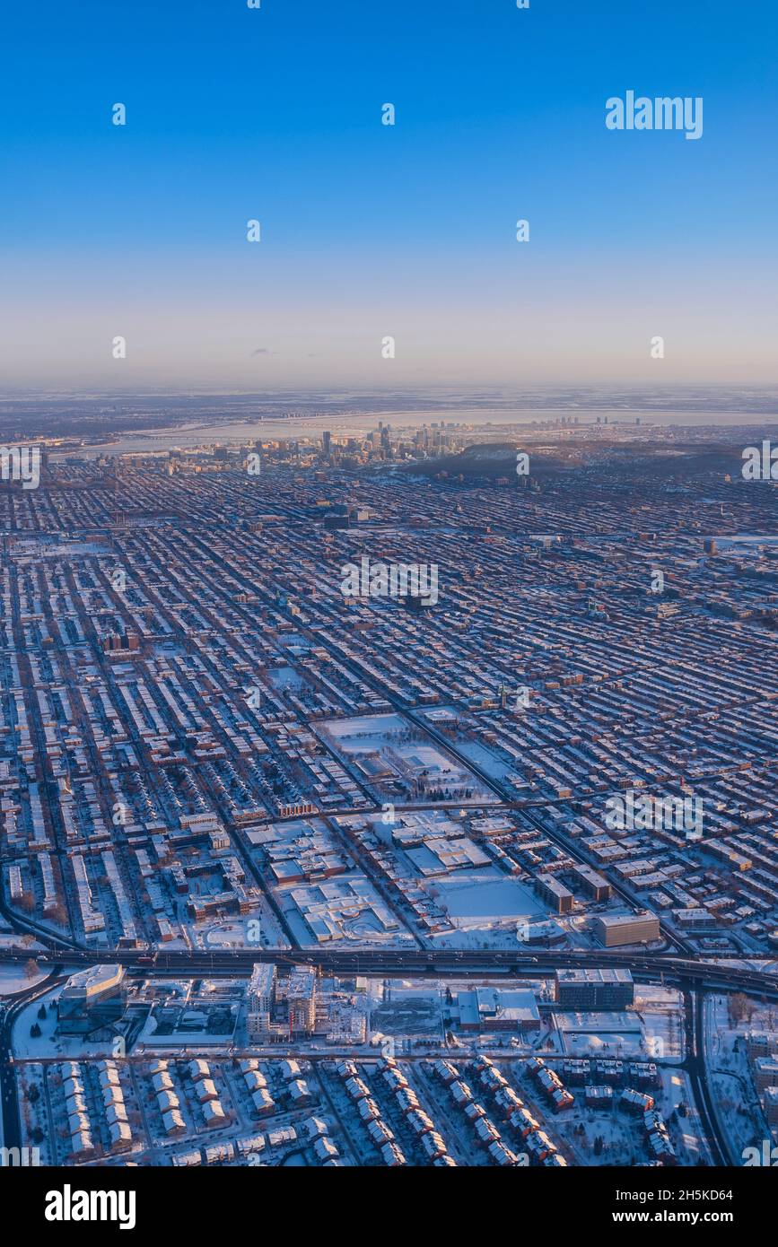 Aerial view of the cityscape of Montreal on a cold winter morning with ...