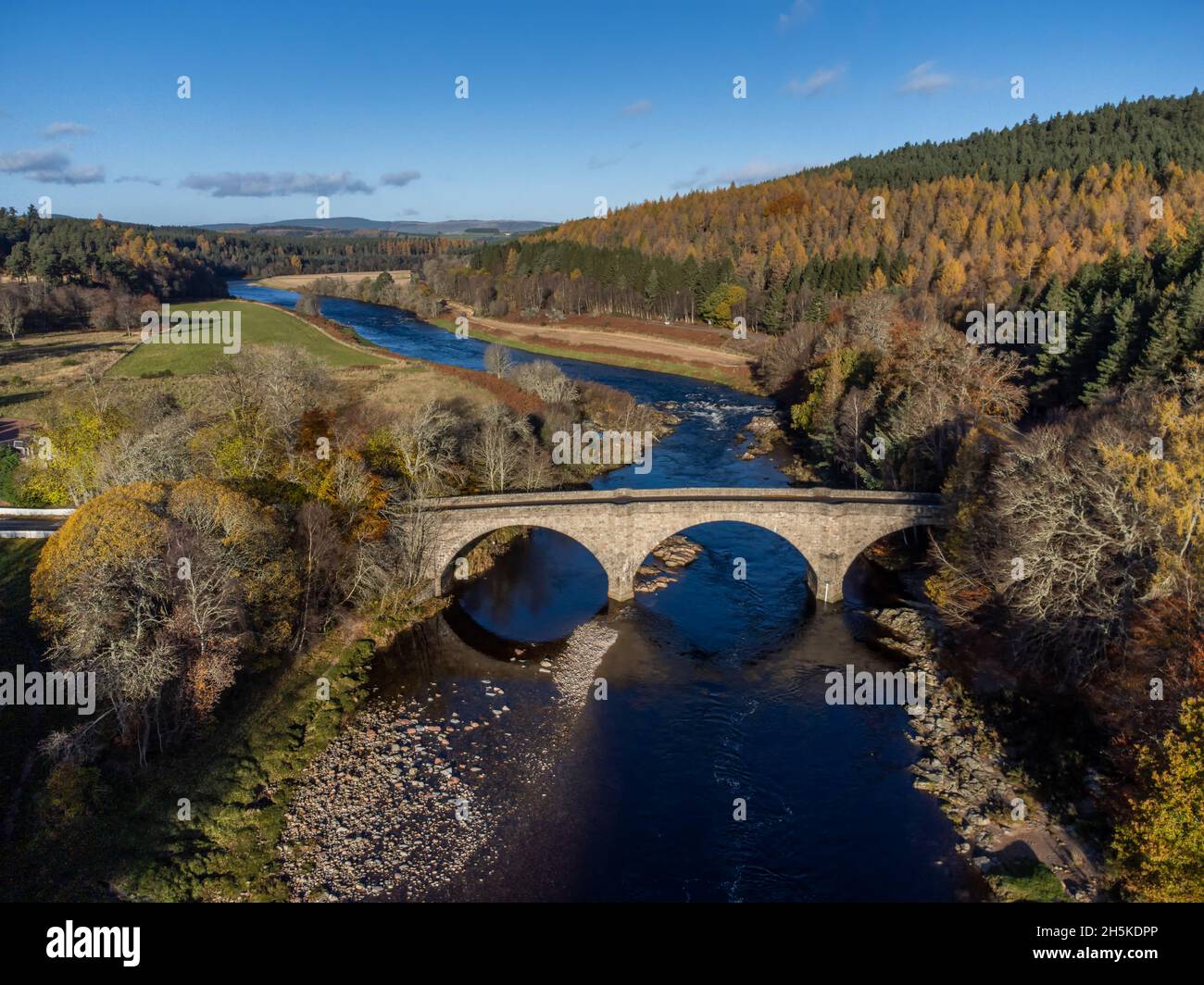 Aerial photo of the old stone bridge at Potarch, in Royal Deeside ...