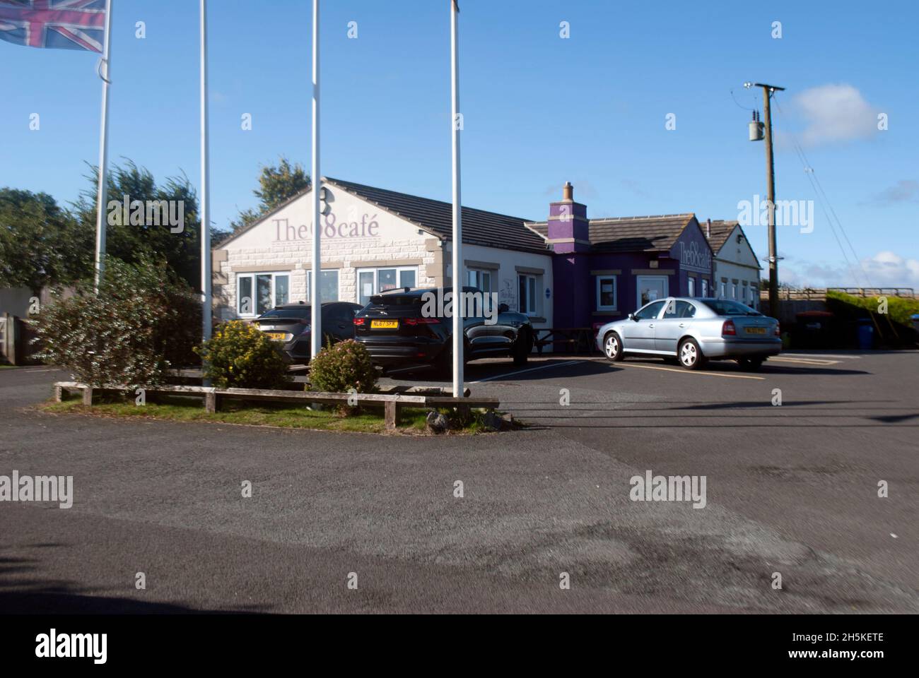 The 68 Café and carpark with flagpoles, A68, Toft Hill, Bishop Auckland ...