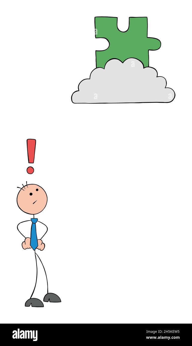 Teamwork, stickmen businessman looks at the missing puzzle piece on the ...