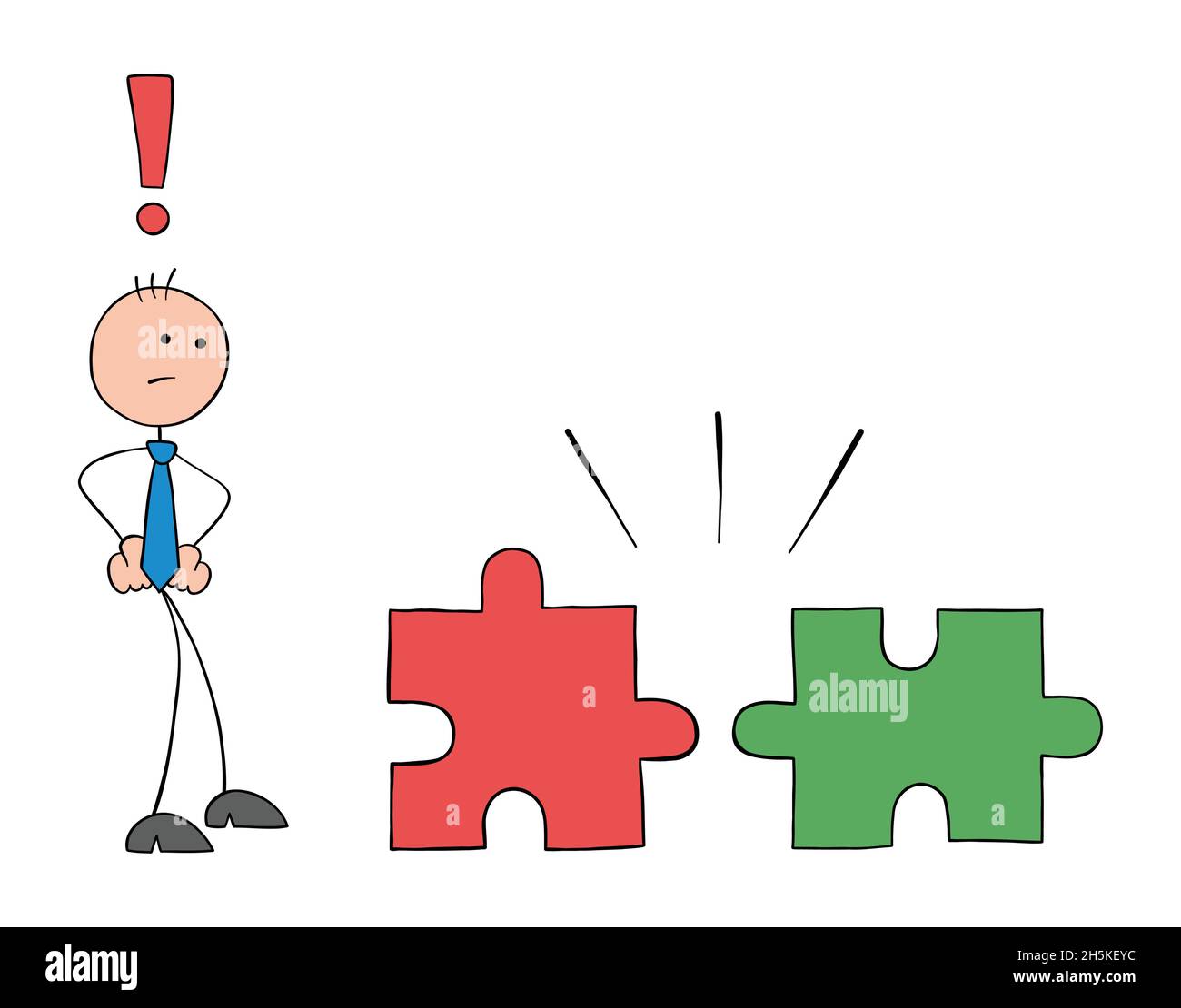 Stickman businessman looks at mismatched puzzle pieces and is confused ...