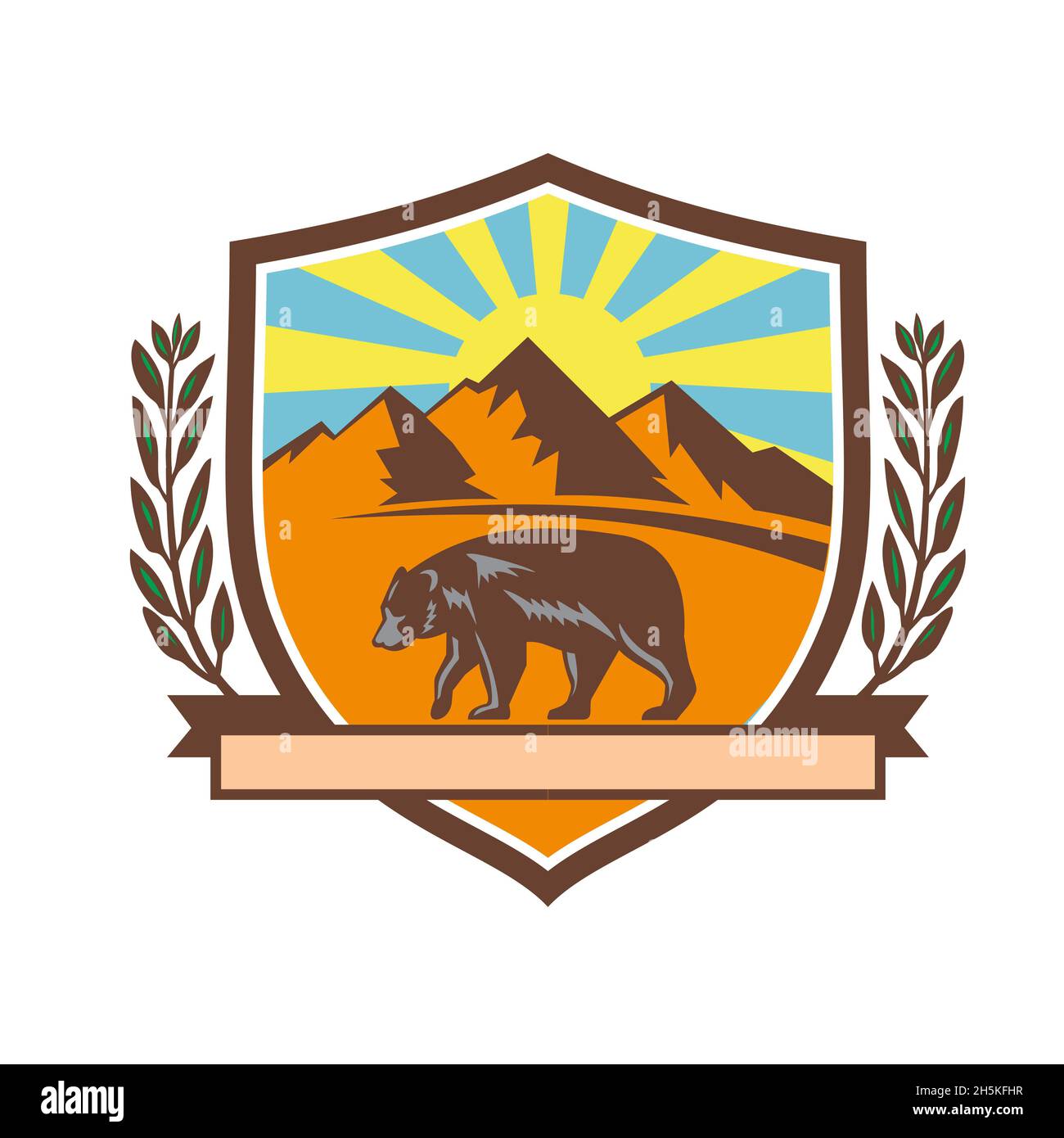 American Black Bear Walking and Mountains Set Inside Crest with Sage ...