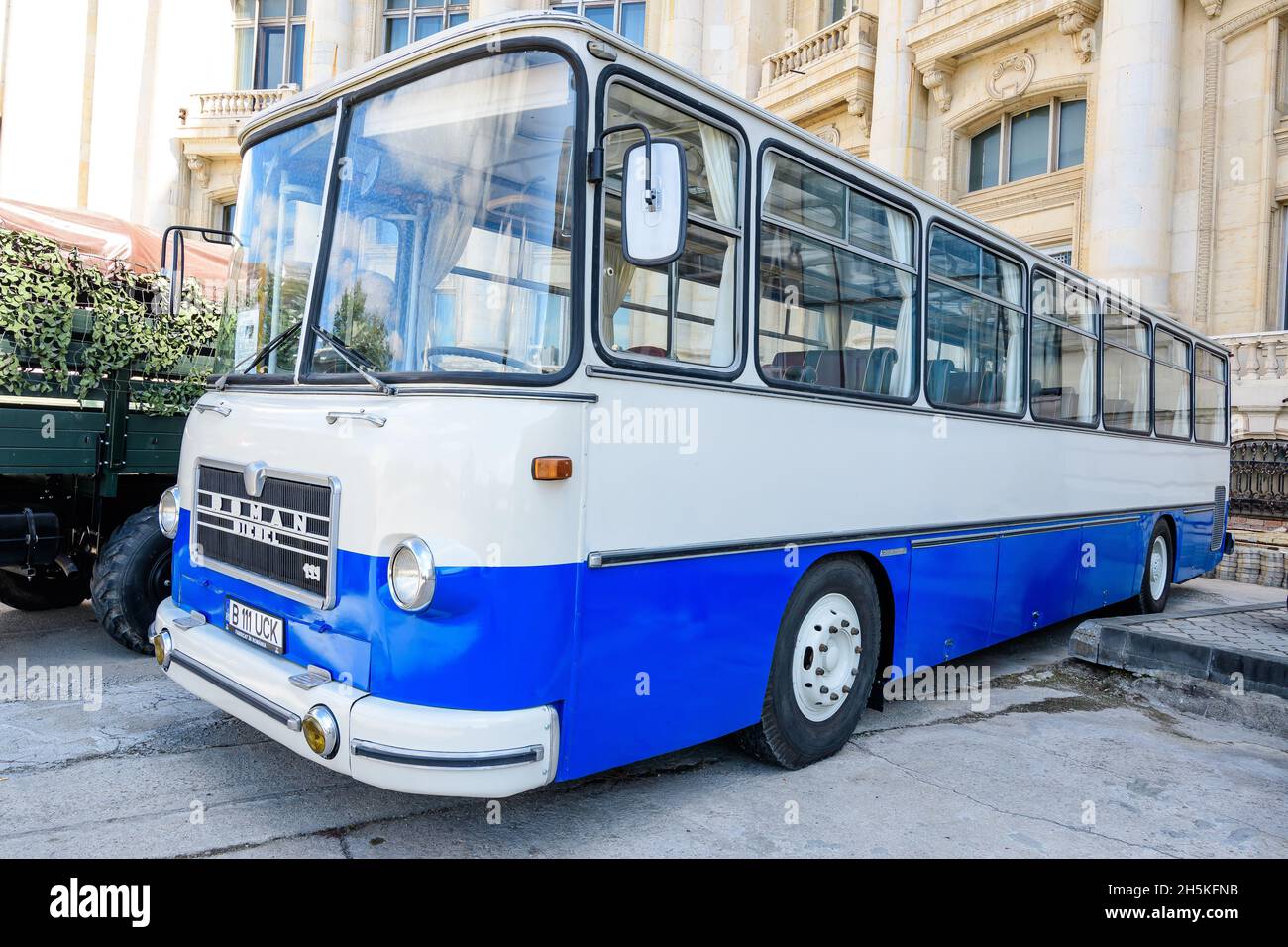 Bucharest, Romania, 2 October 2021: Old vivid blue and white Roman ...